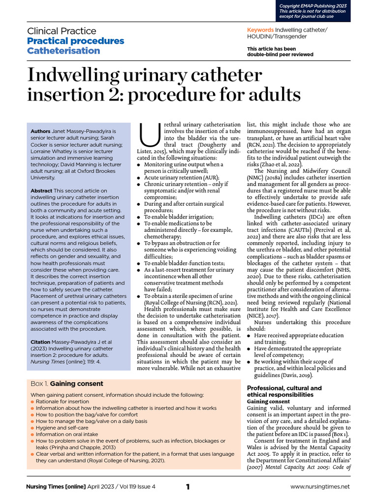 Indwelling Urinary Catheter Insertion 2 Procedure For Adults | PDF | Urinary Incontinence ...