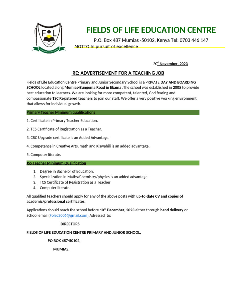 Teacher Recruitment at Fields of Life School | PDF
