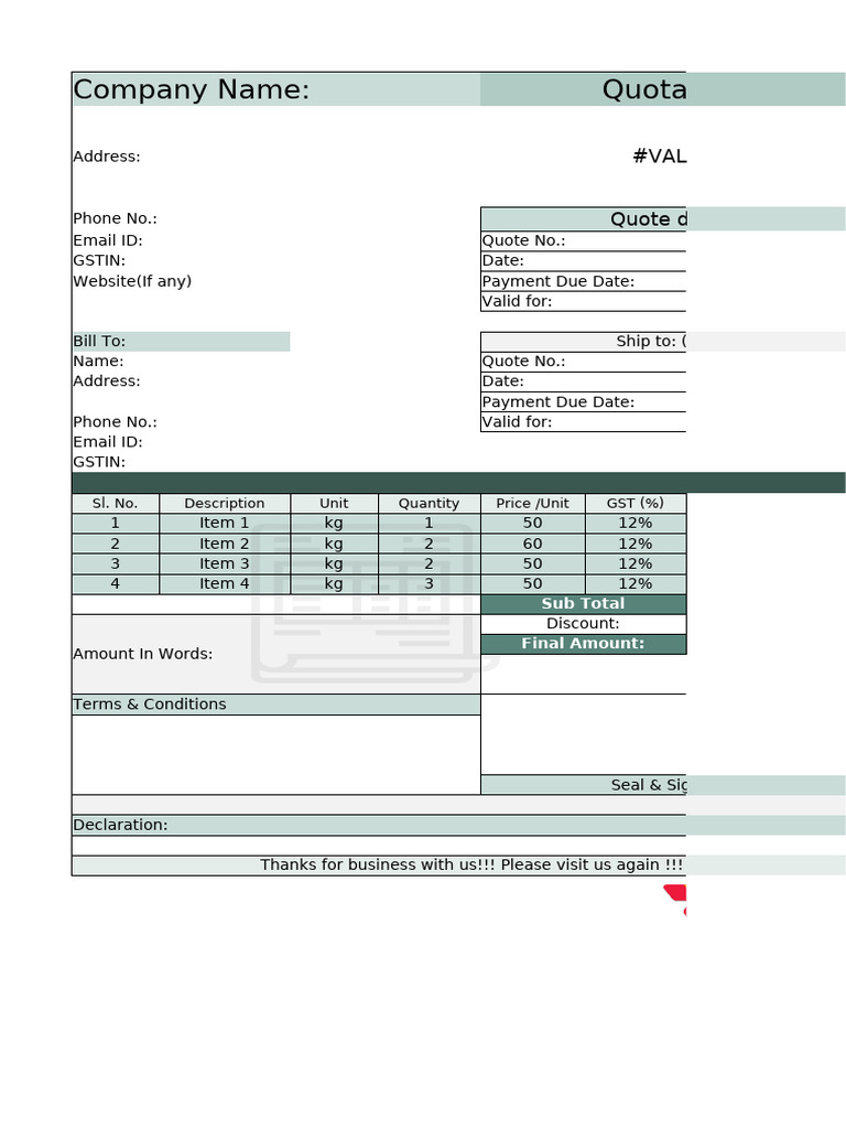 Quotation Format in Excel 11 | PDF