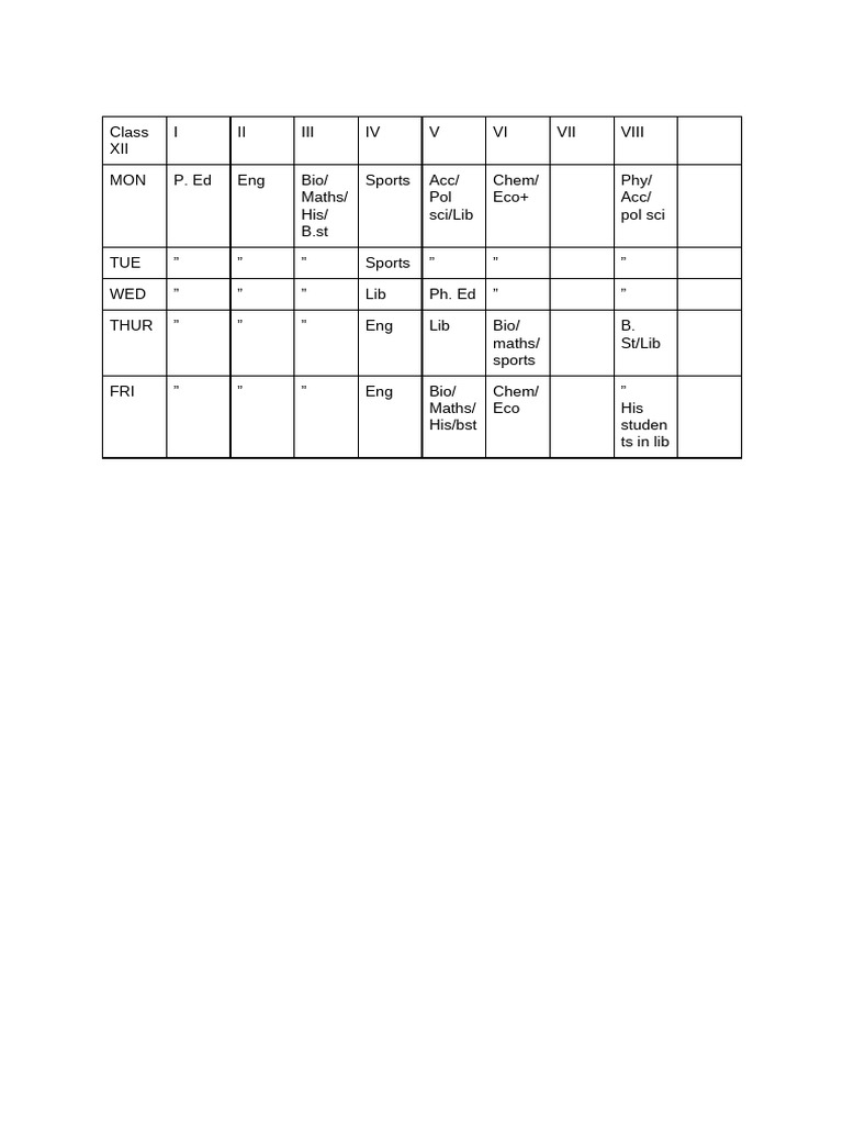 Class XII Time Table | PDF