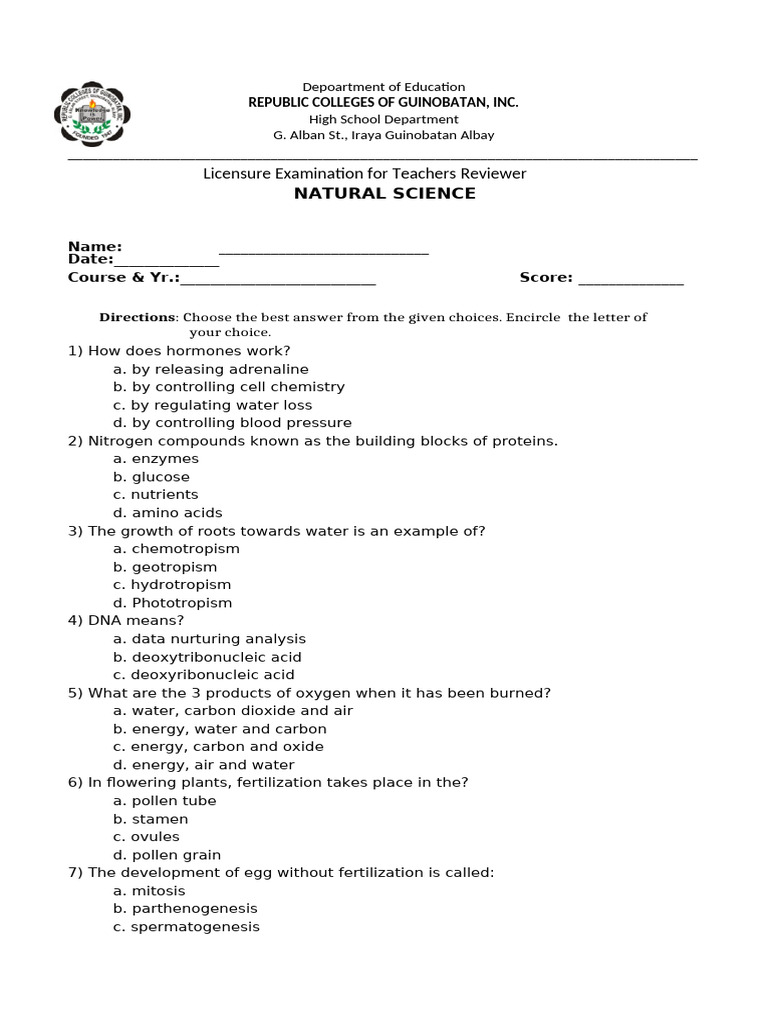 Natural Science Test Paper | PDF | Earth | Light