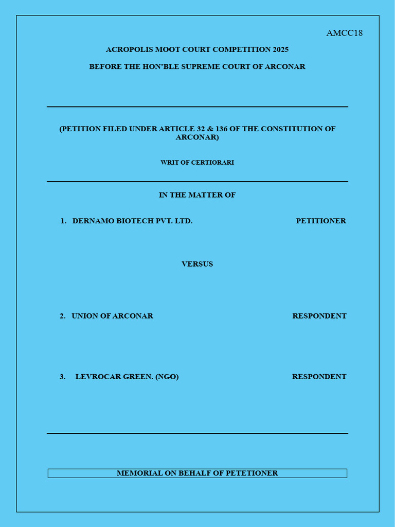 Petitioner Memorial Amcc18 | PDF | Patent | Competition Law