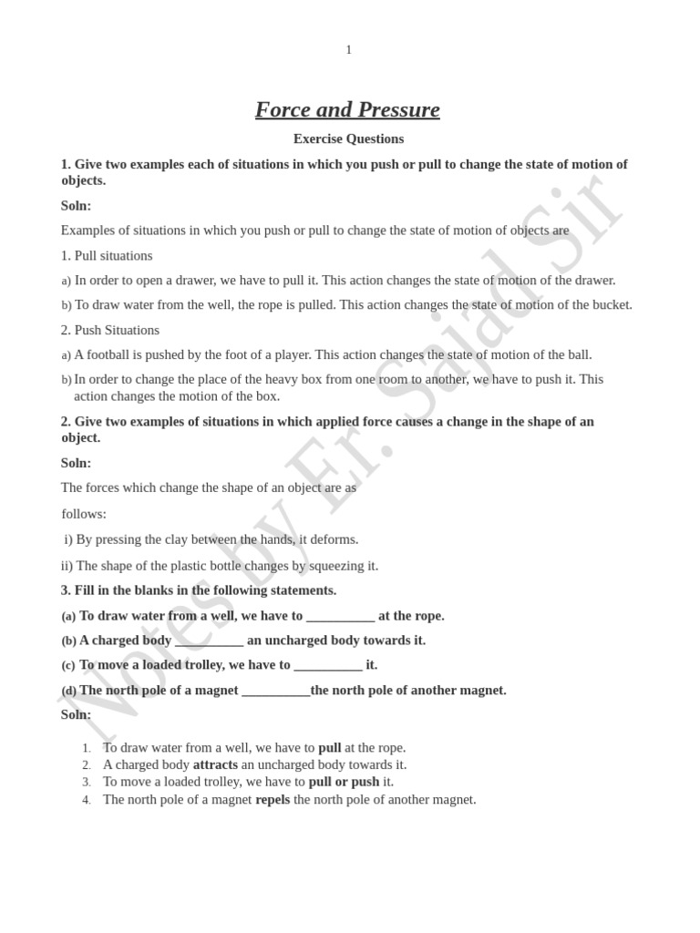 8th Class Physics Exercise Solutions | PDF | Friction | Reflection ...