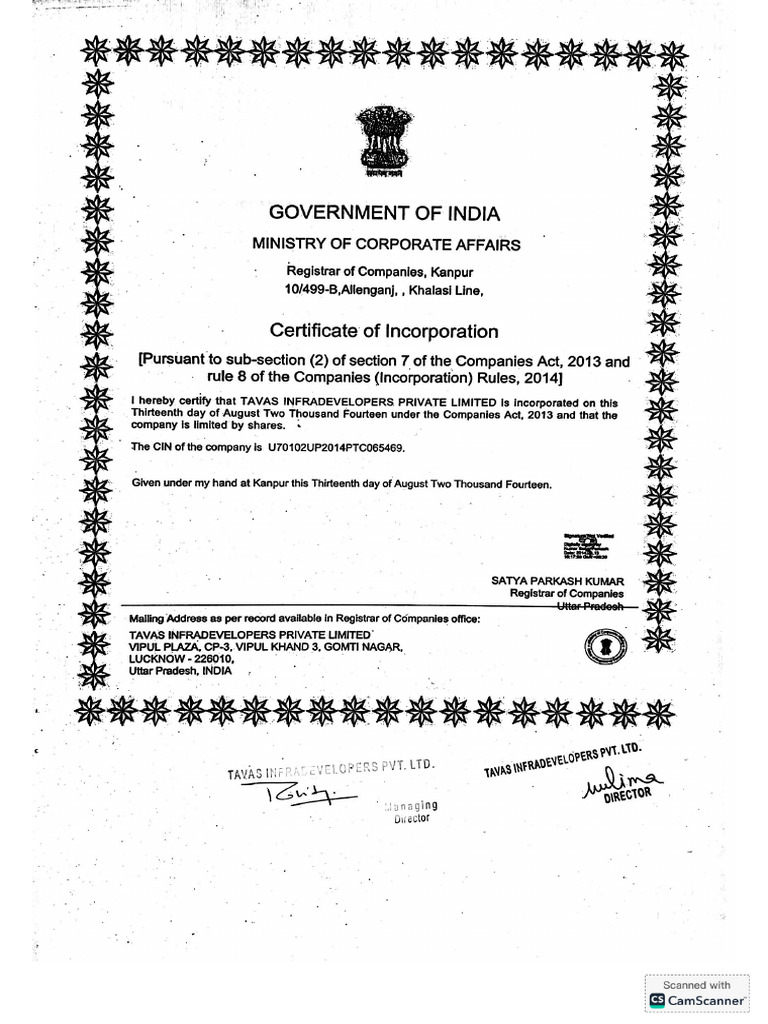 COI, MOA - Tavas Infra | PDF