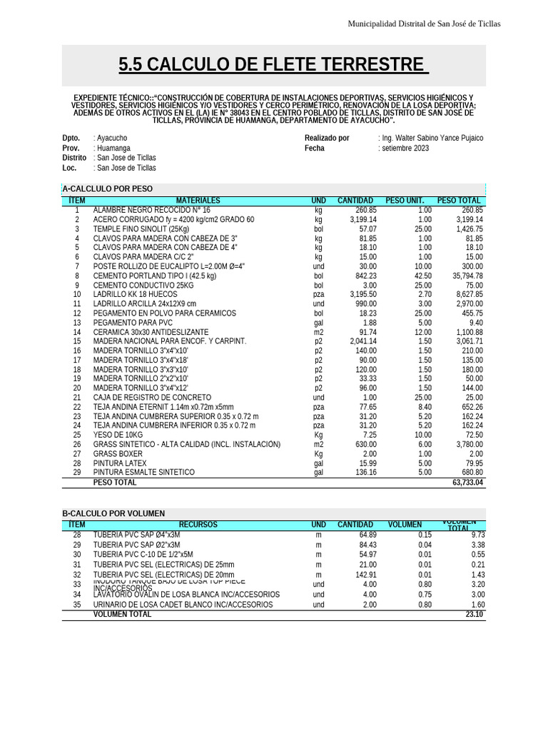5.5 Calculo de Flete Terrestre | PDF | Materiales | Materiales de construcción
