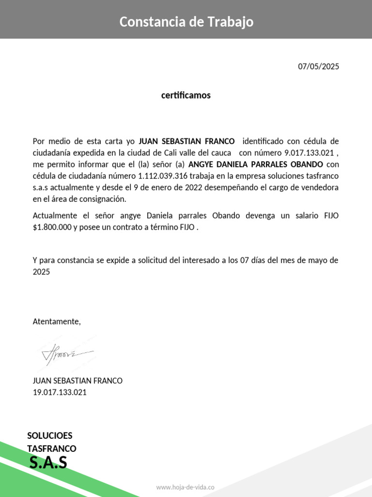 Costancia Laboral Daniela Parrales Obando | PDF