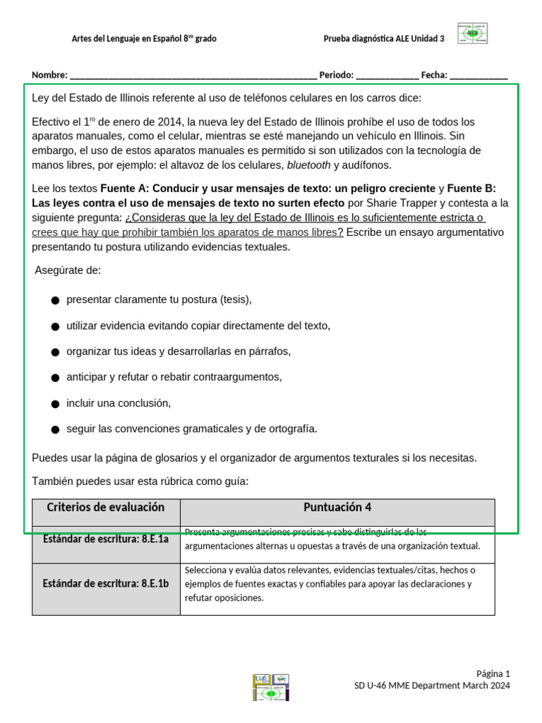 Prueba Diagnóstica ALE Unidad 3 8vo Grado | PDF | Comunicación humana