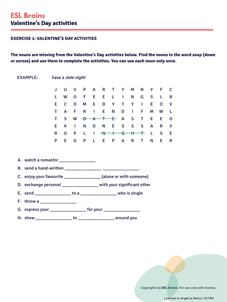 ESL Brains Valentines Day Activities SV 9252 | PDF | Linguistic Morphology | Grammar