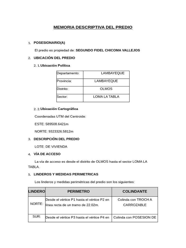 MemoriaDescriptiva - SEGUNDO FIDEL CHICOMA VALLEJOS | PDF