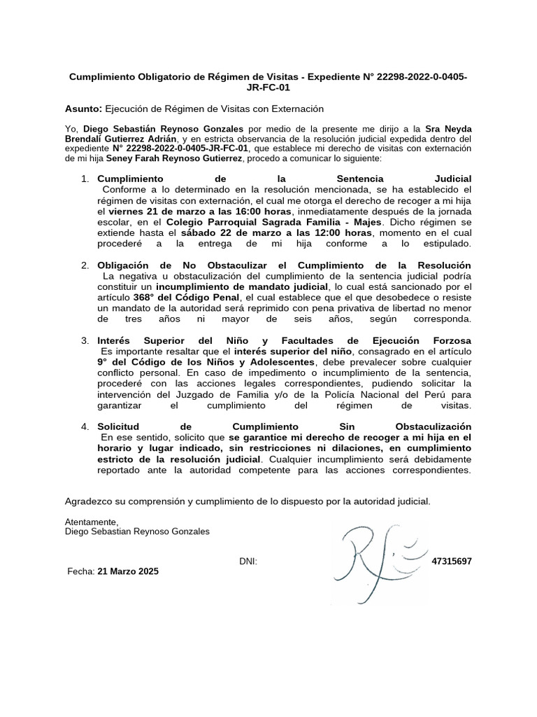 Cumplimiento Obligatorio de Régimen de Visitas - Expediente #22298-2022 ...