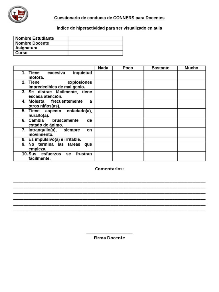 Cuestionario de Conducta Conners para Docentes | PDF
