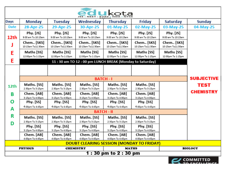 12th JEE TIME TABLE 28-April to 04 May 2025-1 | PDF