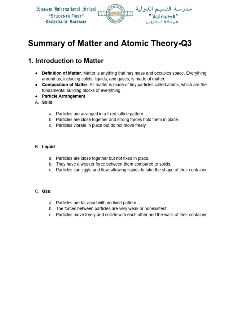 G7-Summary of Matter and Atomic Theory-Q3 | PDF | Atoms | Chemical Substances