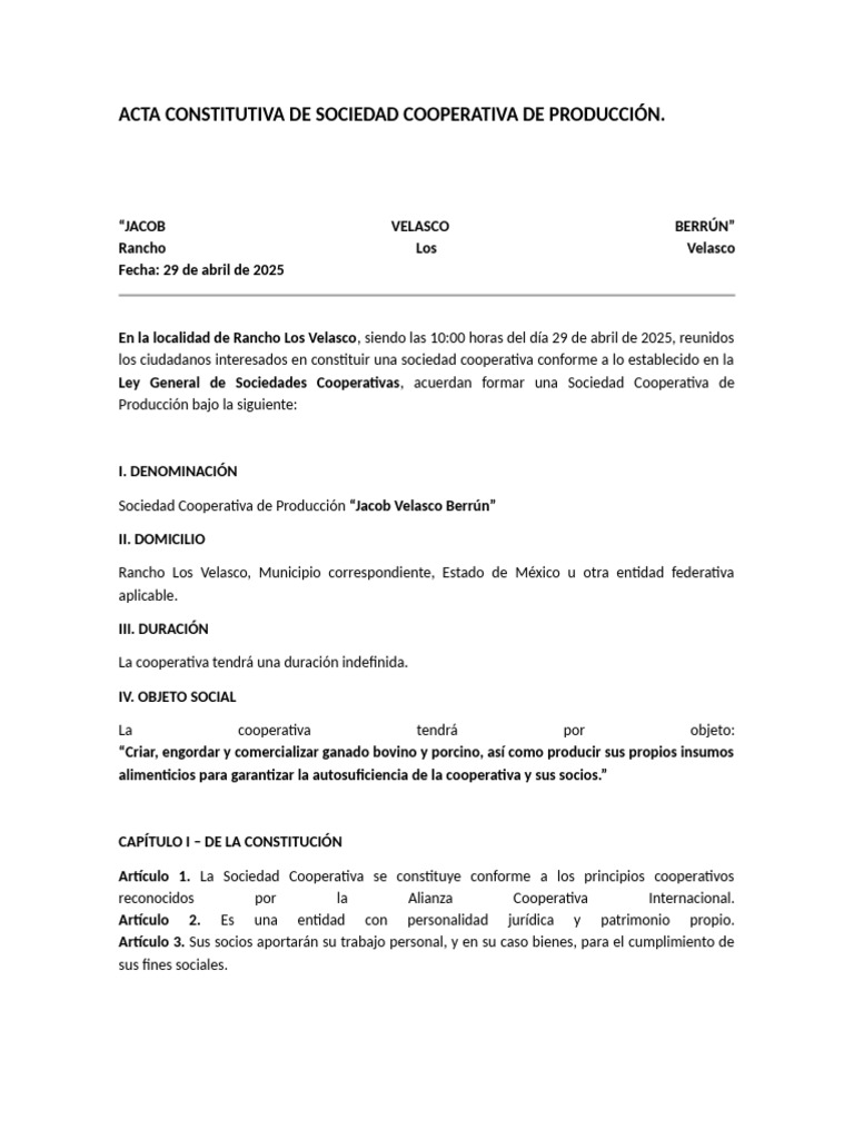 2da ACTA CONSTITUTIVA DE SOCIEDAD COOPERATIVA DE PRODUCCIÓN | PDF | Cooperativa | Sociedad de ...