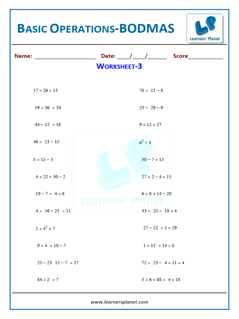 Basic Operations BODMAS Workbook 3 | PDF