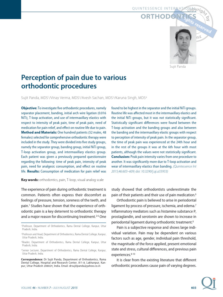 Perception of Pain During Orthodontic | PDF | Orthodontics | Pain