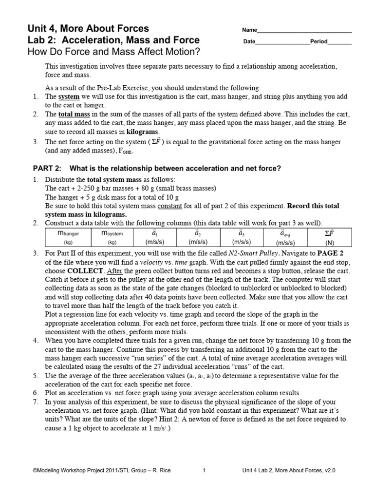 U4 Lab2 - N2LabParameters Parts 2 and 3 1.22 | PDF | Force | Mass