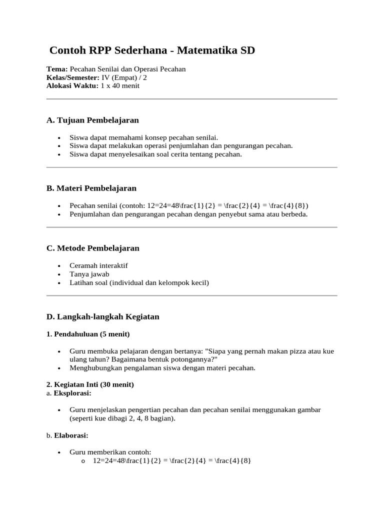 Contoh RPP Sederhana | PDF