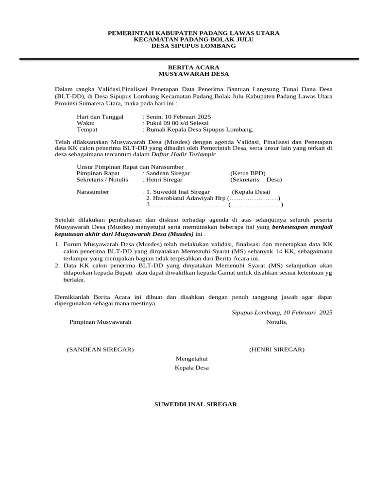 Berita Acara Musdesus BLT-DD 2025 | PDF