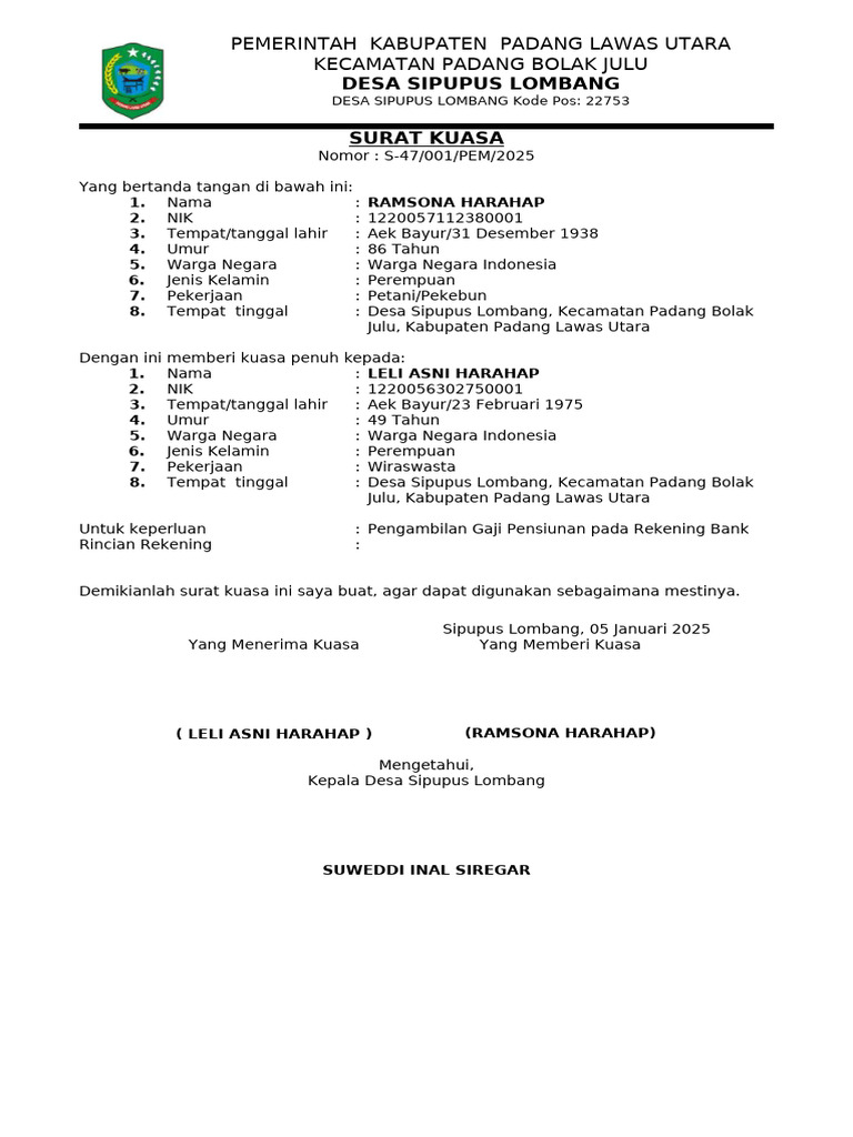 Surat Kuasa Ramsona Harahap - Leli Asni | PDF