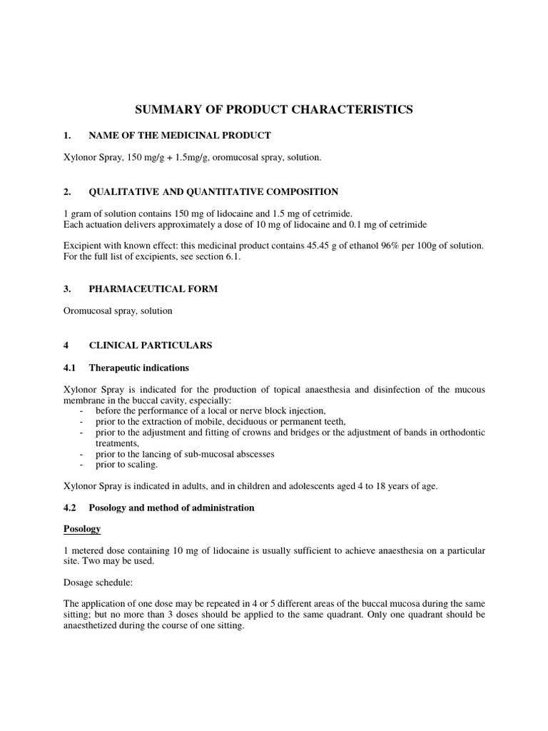 Xylonor Spray Summary of Product Characteristics Formulation | PDF ...