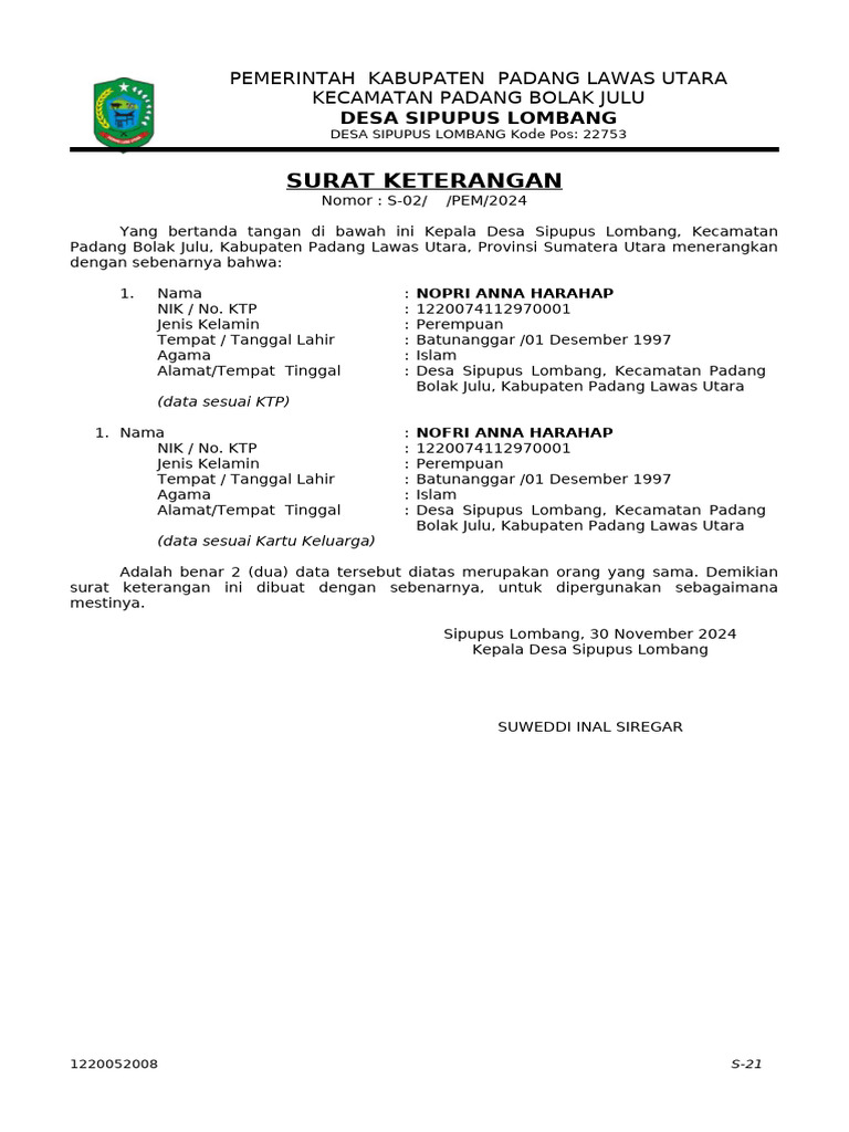 surat_ket_beda nama Noprianna | PDF