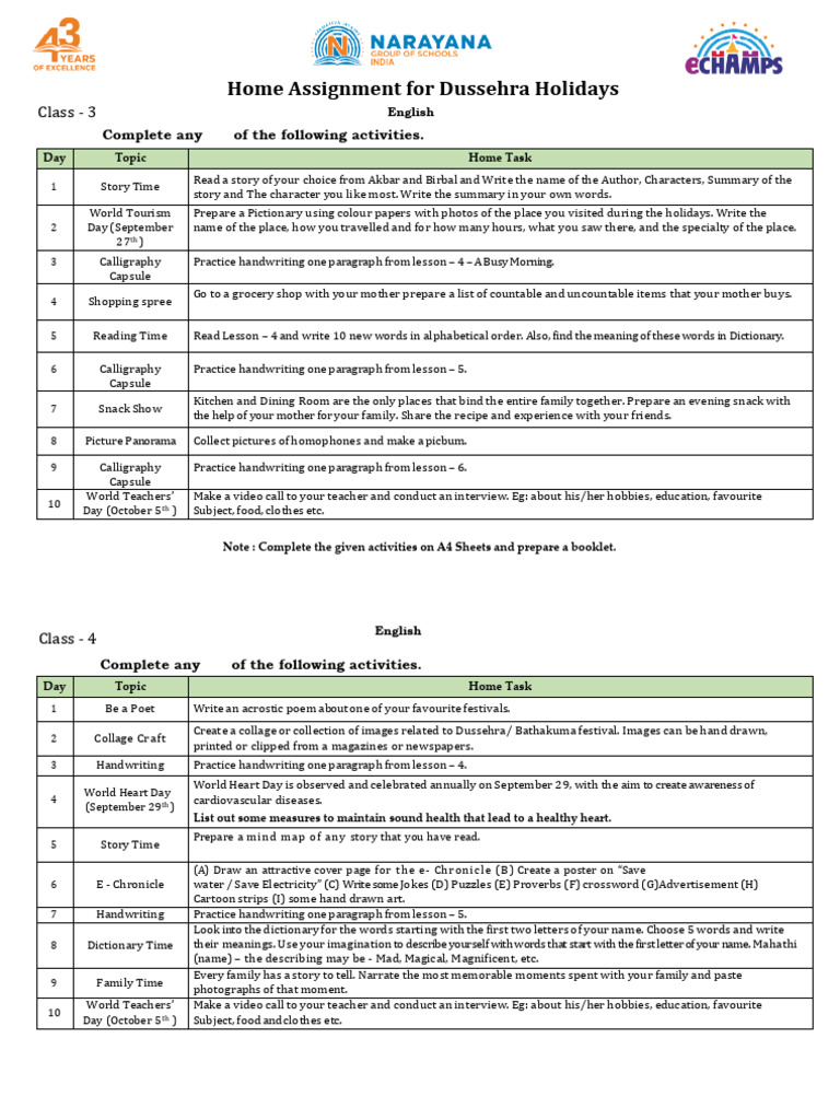 Dussehra Holiday Homework Activities | PDF
