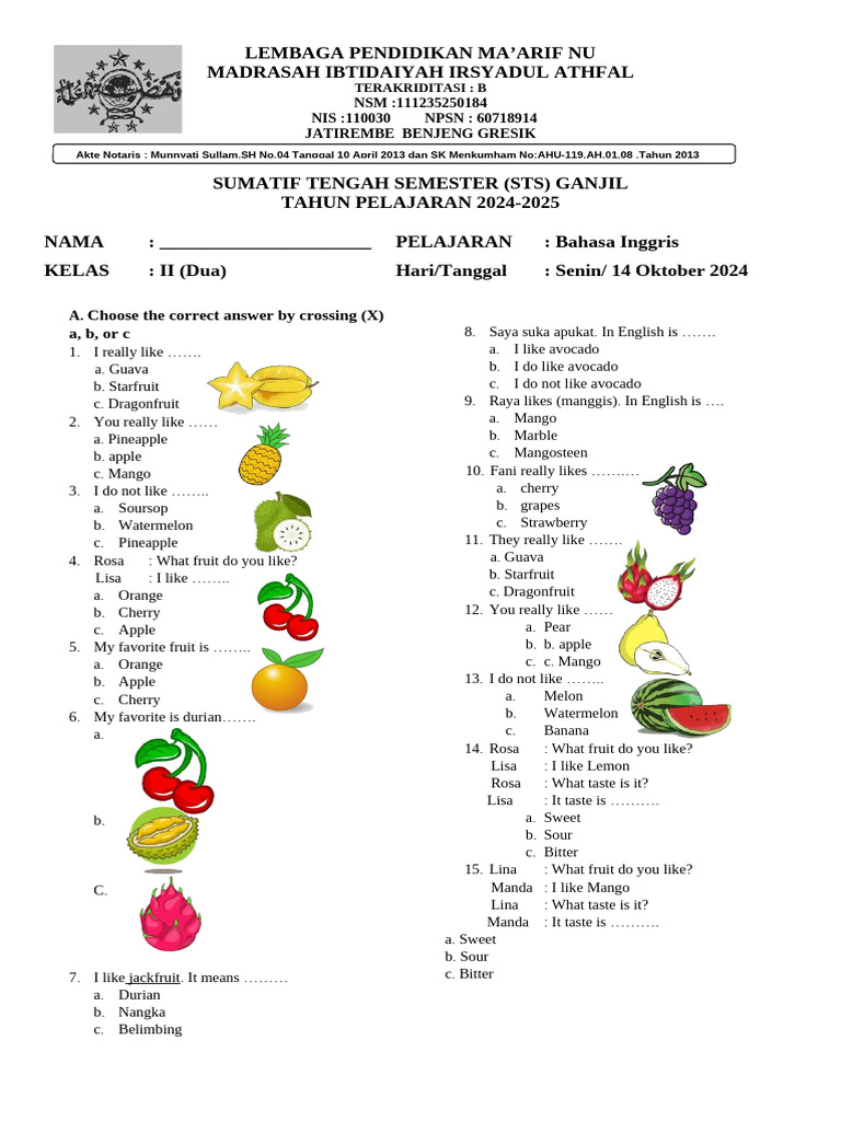 Soal STS 1 B. Inggris Kelas 2 | PDF | Taste | Edible Fruits