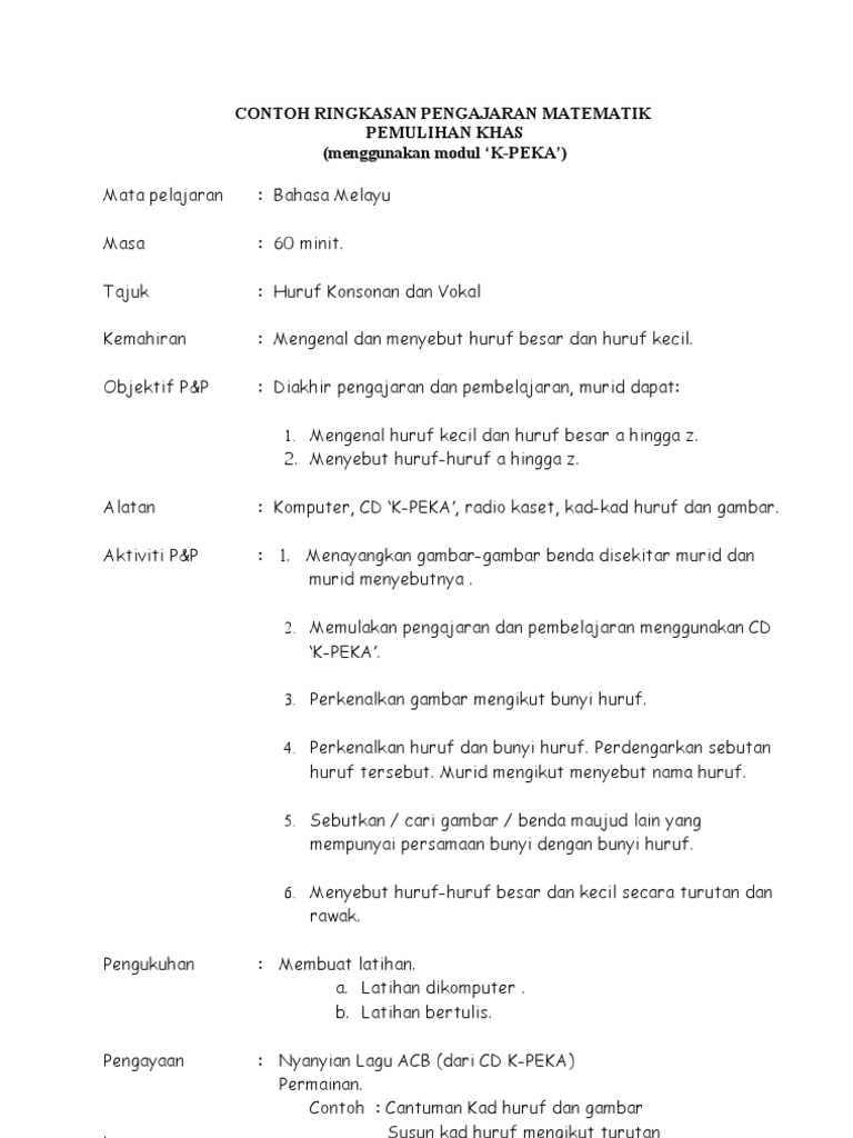 Contoh Ringkasan Pengajaran BM | PDF