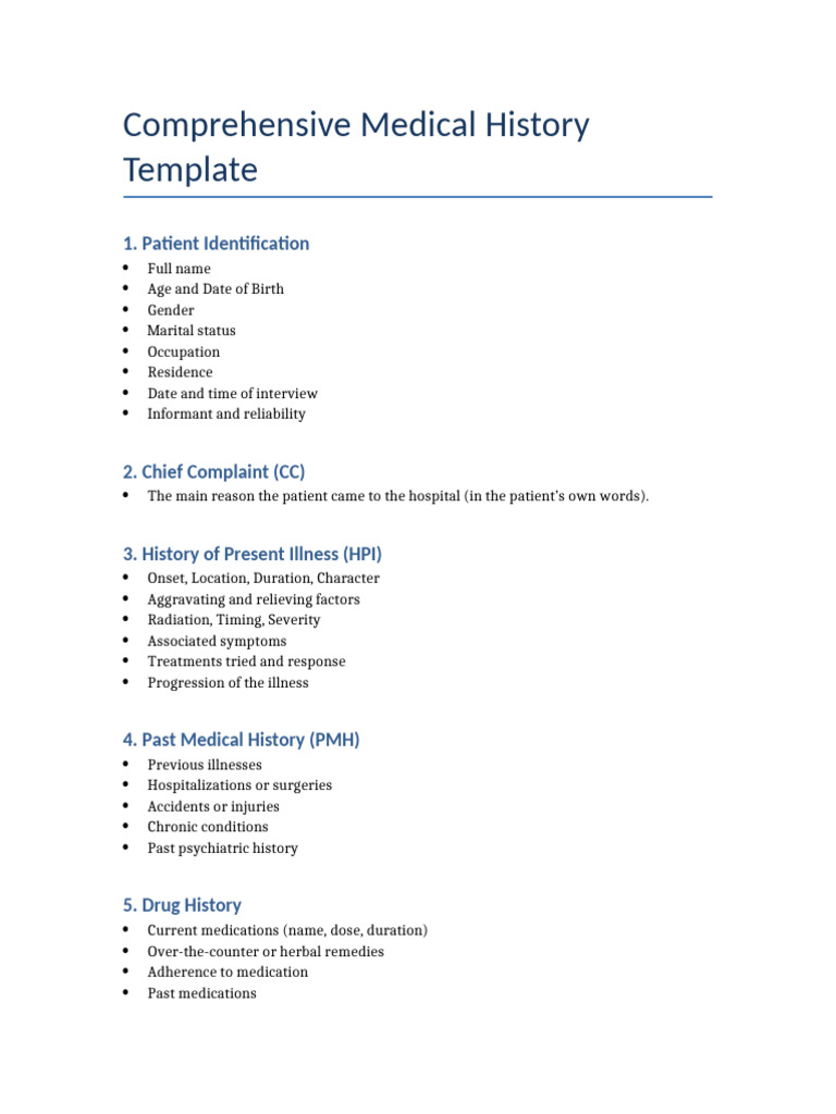 Comprehensive Medical History Template | PDF