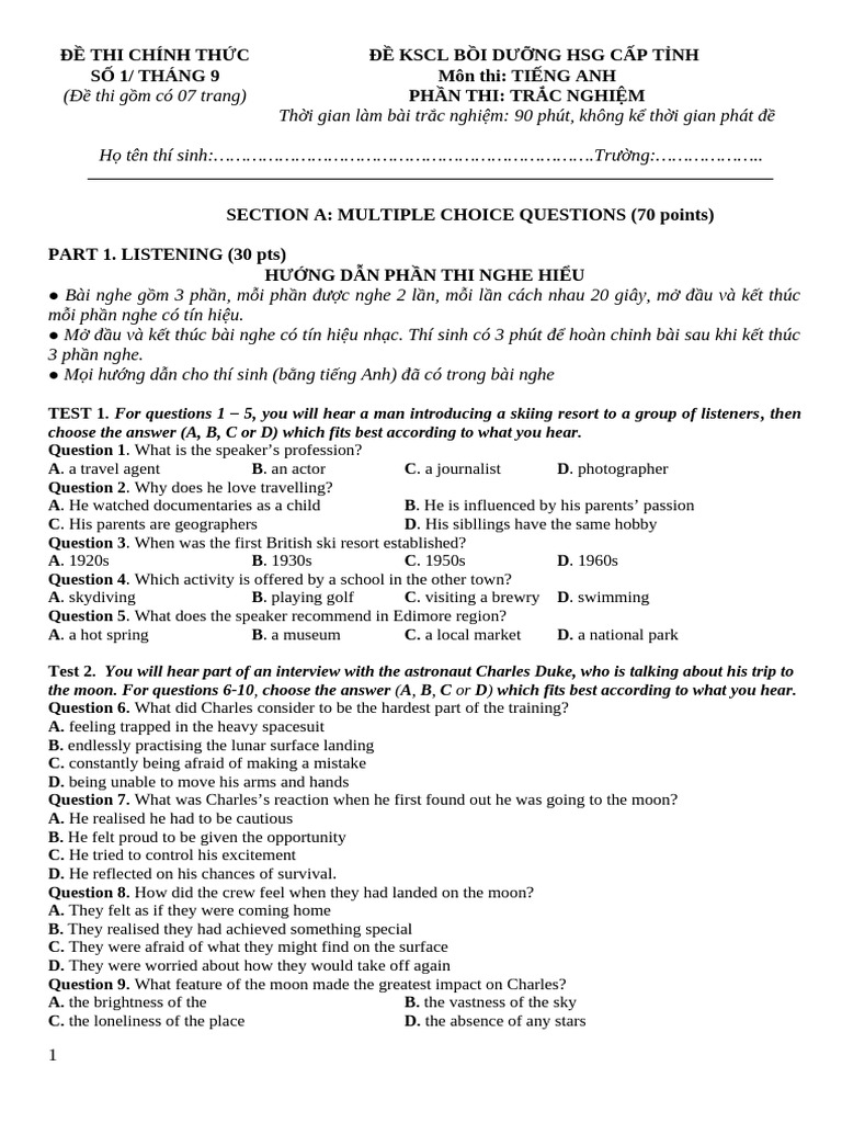 ĐỀ KSCL HSG anh LẦN 1 | PDF | Psychological Trauma | Biotechnology
