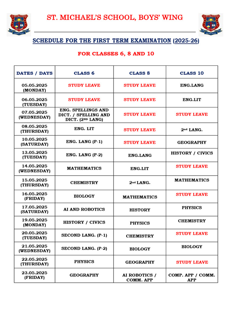 Classes 6,8 and 10 First Term Exam Examination Schedule (2025-26) | PDF