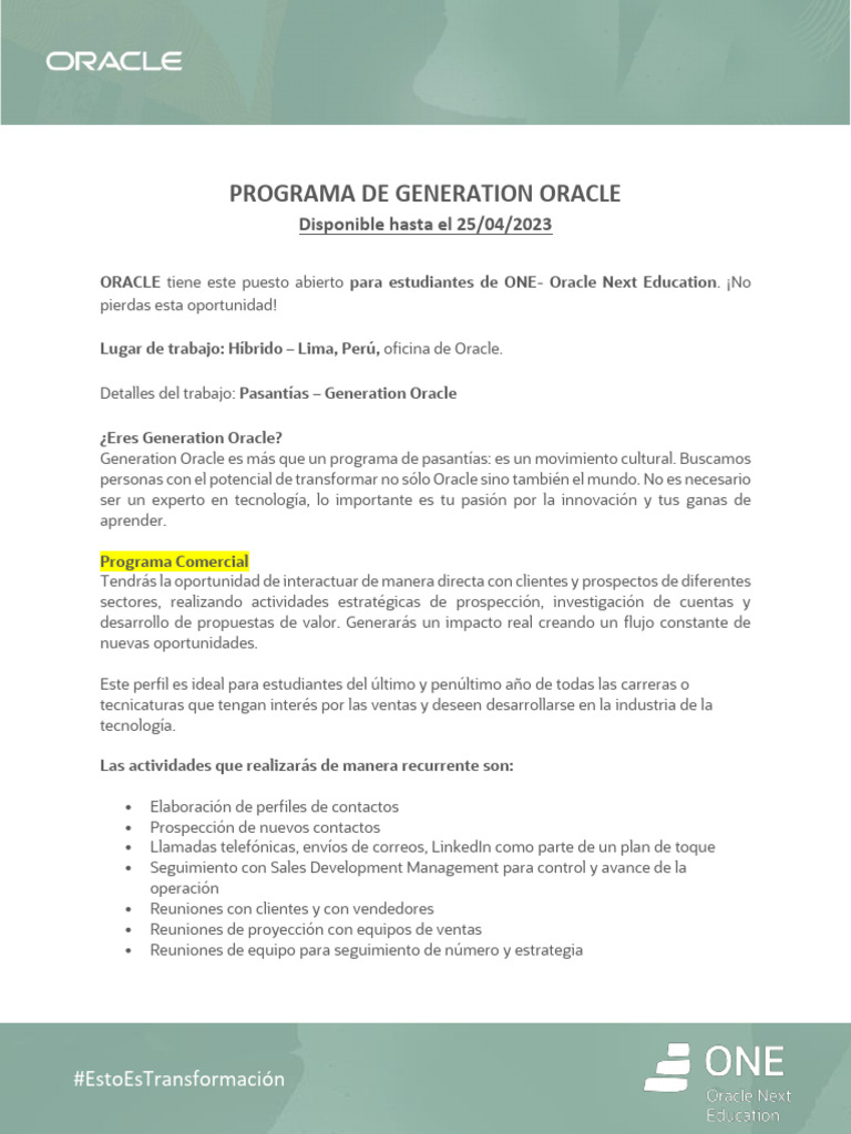 Pasantías Generation Oracle en Perú | PDF