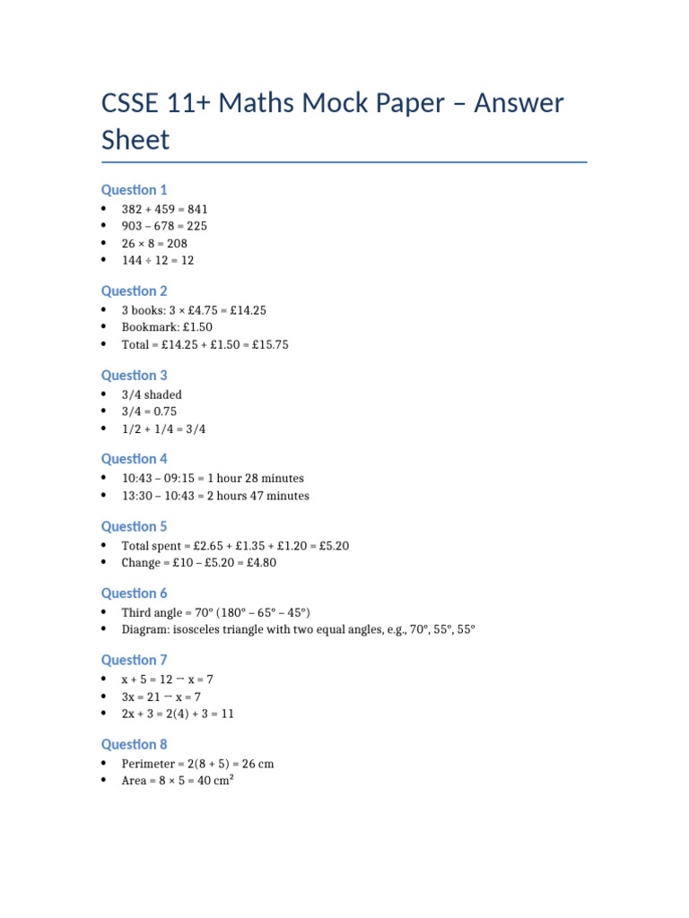 CSSE 11+ Maths Mock Paper Answer Sheet | PDF