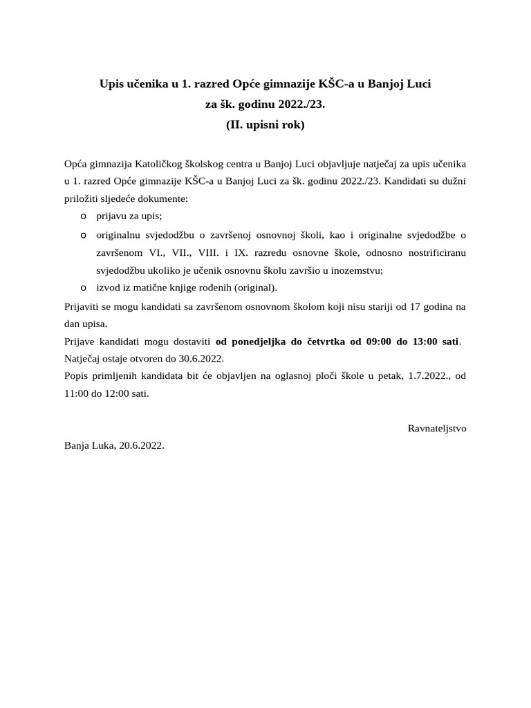 NATJECAJ Za Upis u Prvi Razred 2022 23 NOVO | PDF