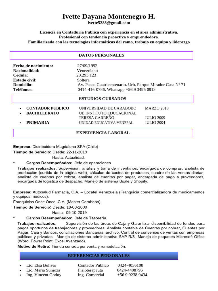 Curriculum Ivette Montenegro | PDF | Contador