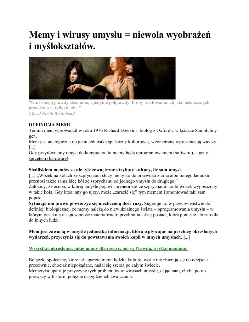 Memy I Wirusy Umysłu Niewola Wyobrażeń I Myślokształów | PDF