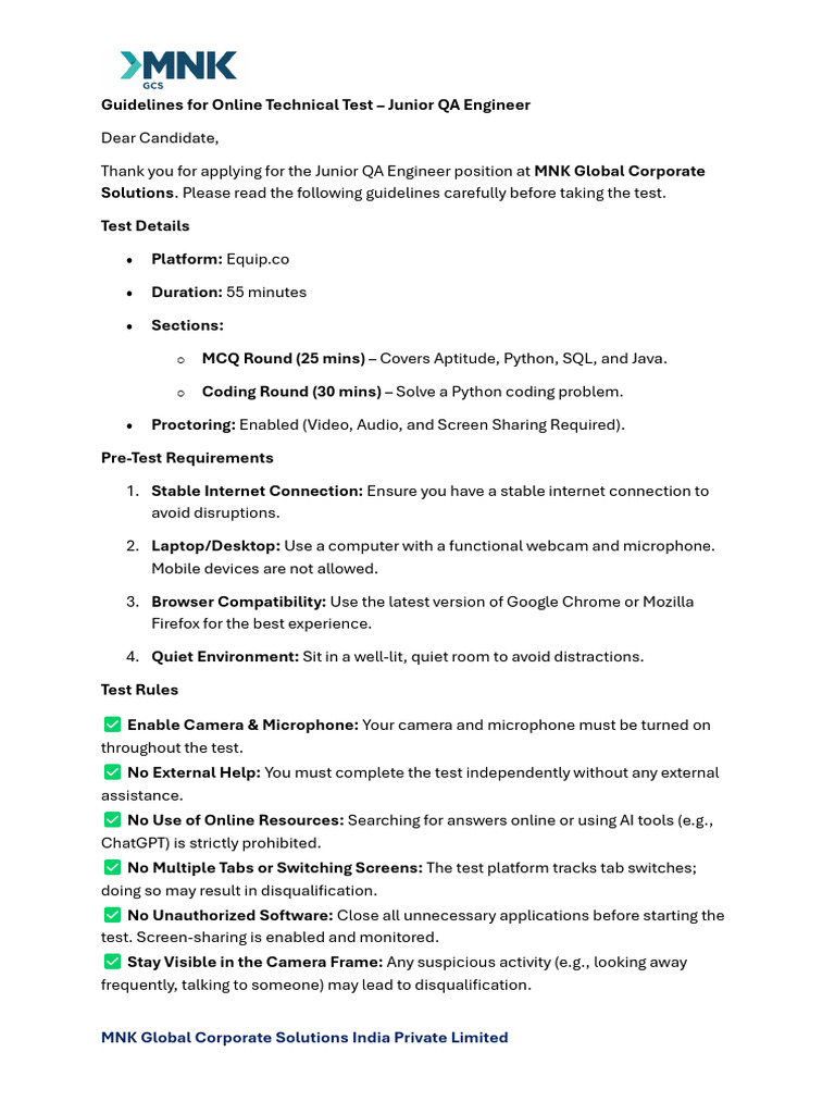 MNK Global Corporate Solution - JR QA Engineer | PDF | Software | Computing