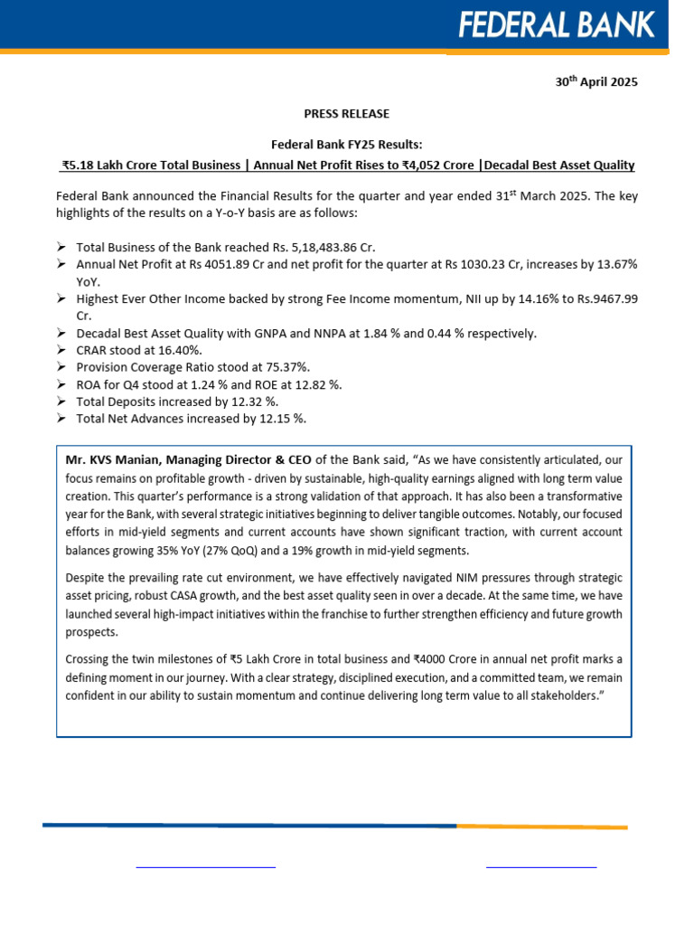 Federal Bank FY25 Financial Results | PDF | Capital Requirement | Banks