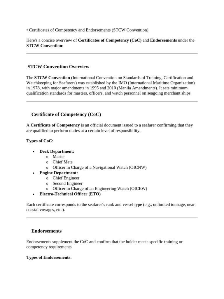 Overview of STCW Certificates of Competency | PDF