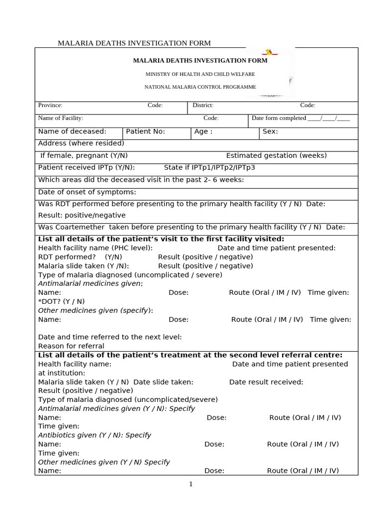 Malaria Deaths Investigation Form | PDF | Malaria | Clinical Medicine