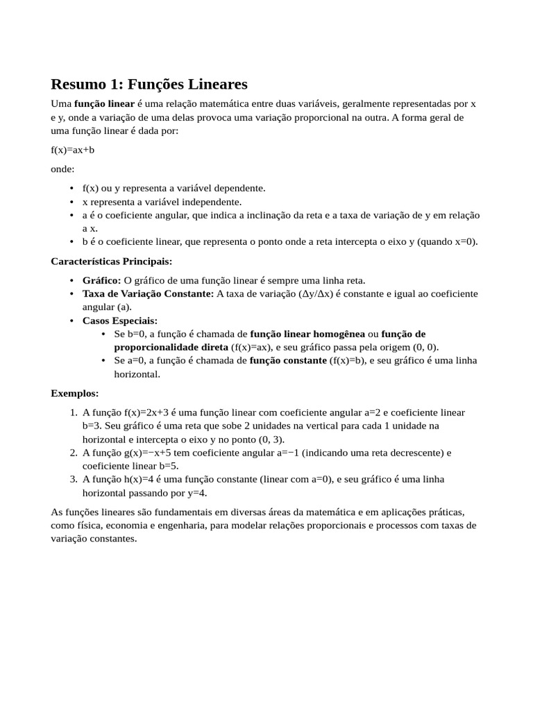 Resumo sobre Funções Lineares | PDF
