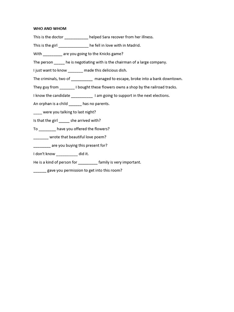 Who vs. Whom Exercises for Grade 7 | PDF