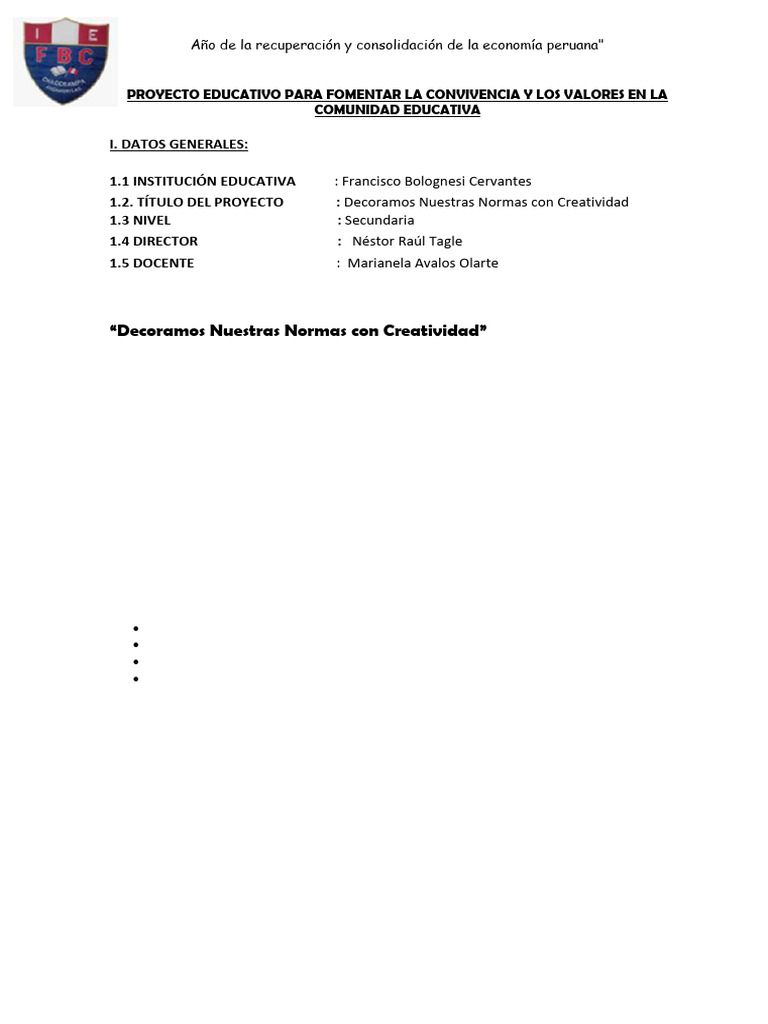 Proyecto Educativo para Fomentar La Convivencia y Los Valores en La Comunidad Educativa | PDF ...