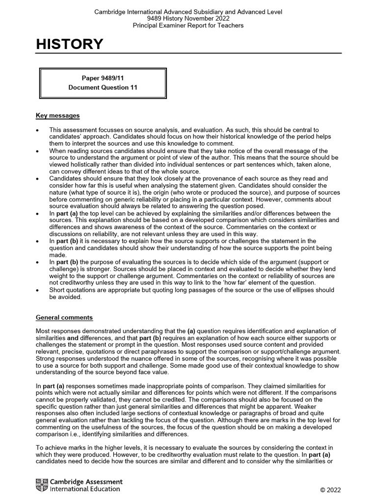 History: Paper 9489/11 Document Question 11 | PDF | Knowledge | Argument