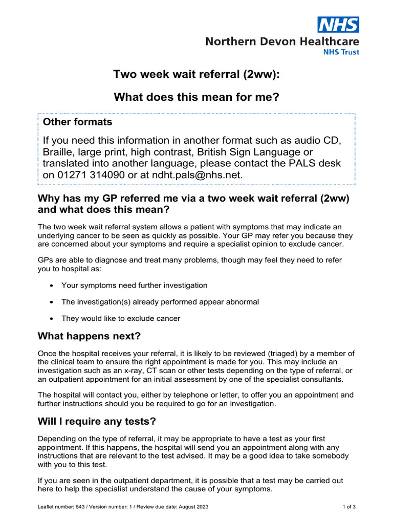 Understanding Two Week Wait Referrals | PDF | National Health Service ...