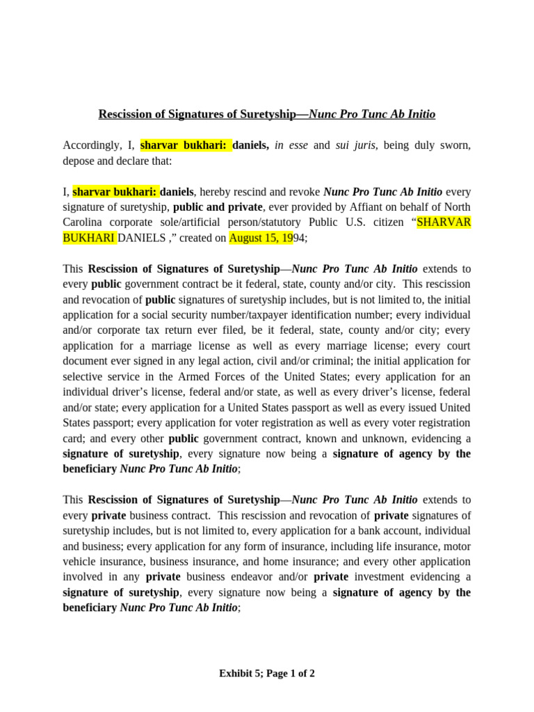 Exhibit 5 Rescission of Signatures of Suretyship | PDF | Government And Personhood
