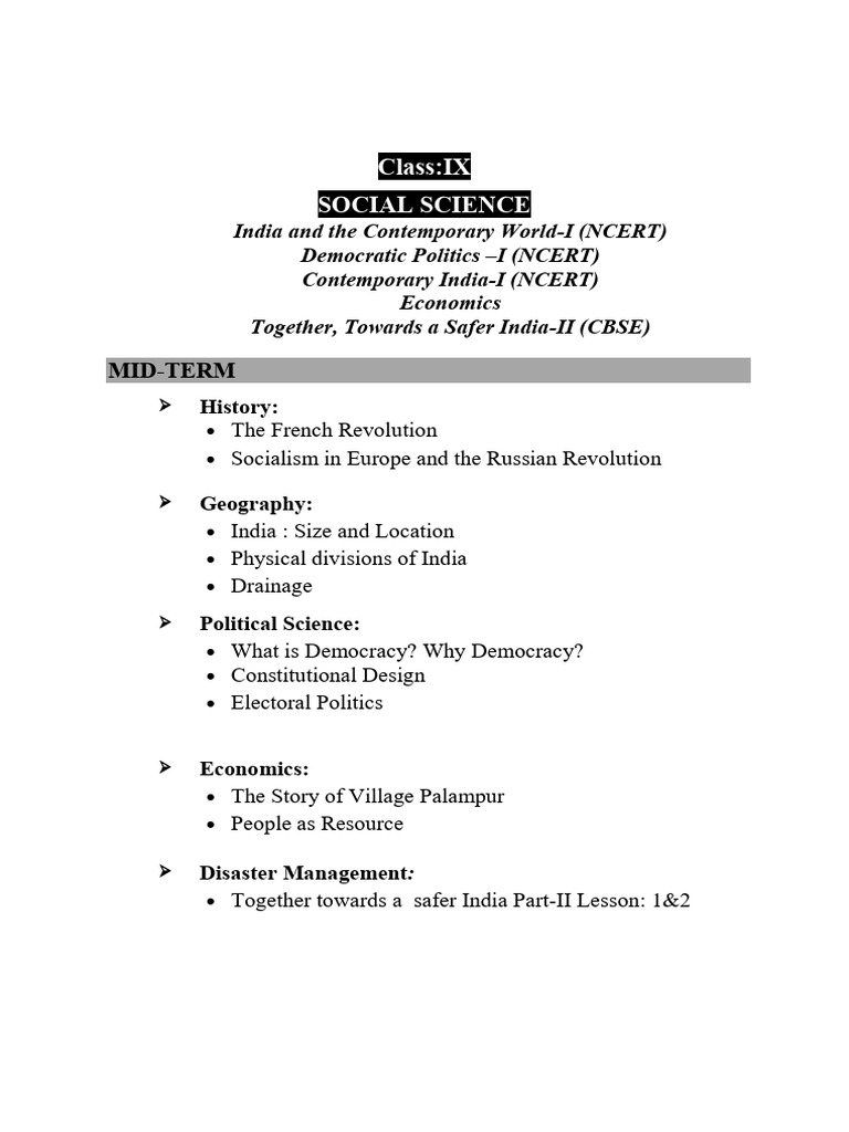 Class IX Updated Social Science Syllabus (Mid-Term) | PDF