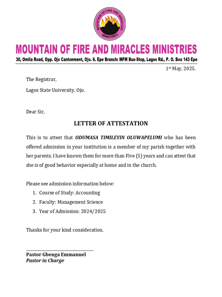 Church Attestation Letter for Student | PDF