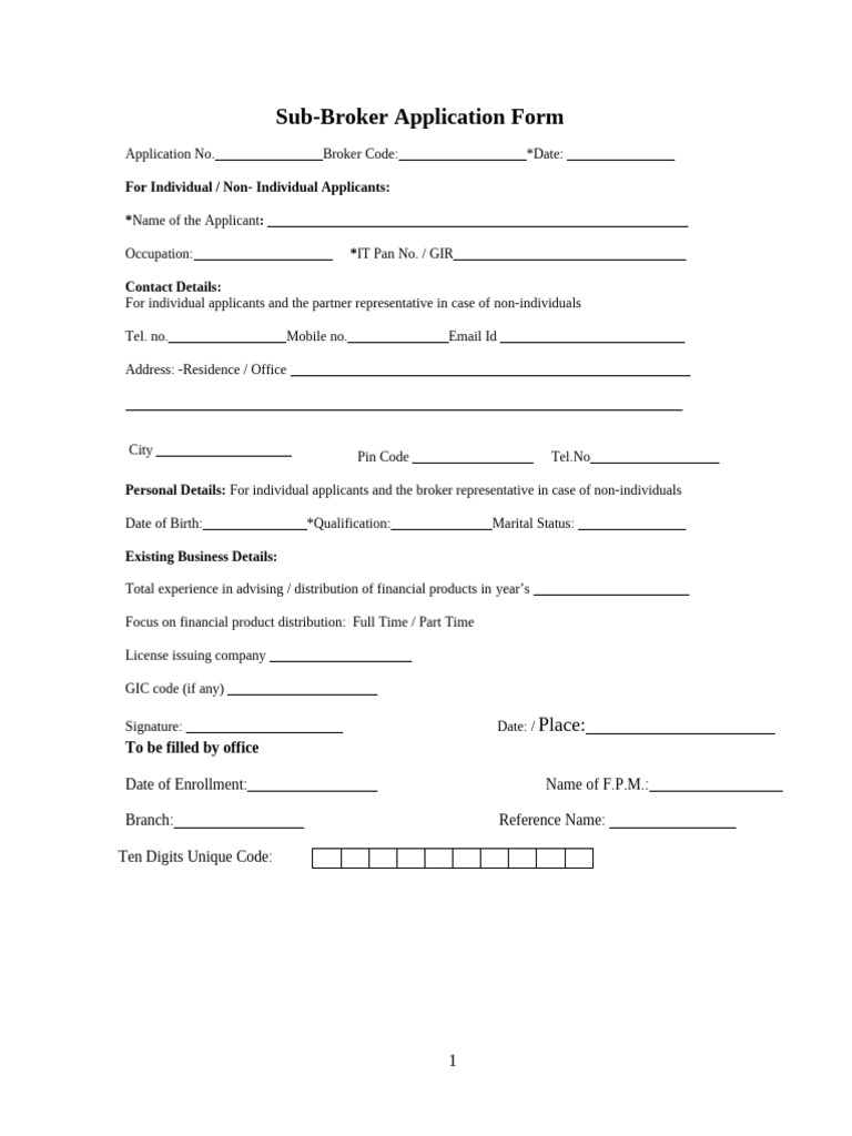 Sub Broker Application Form Format | PDF